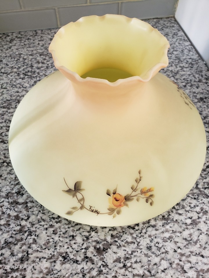 Vintage Signed Ticky Baniak Floral Rose Hurricane Lamp Shade Glass 9.5 ...