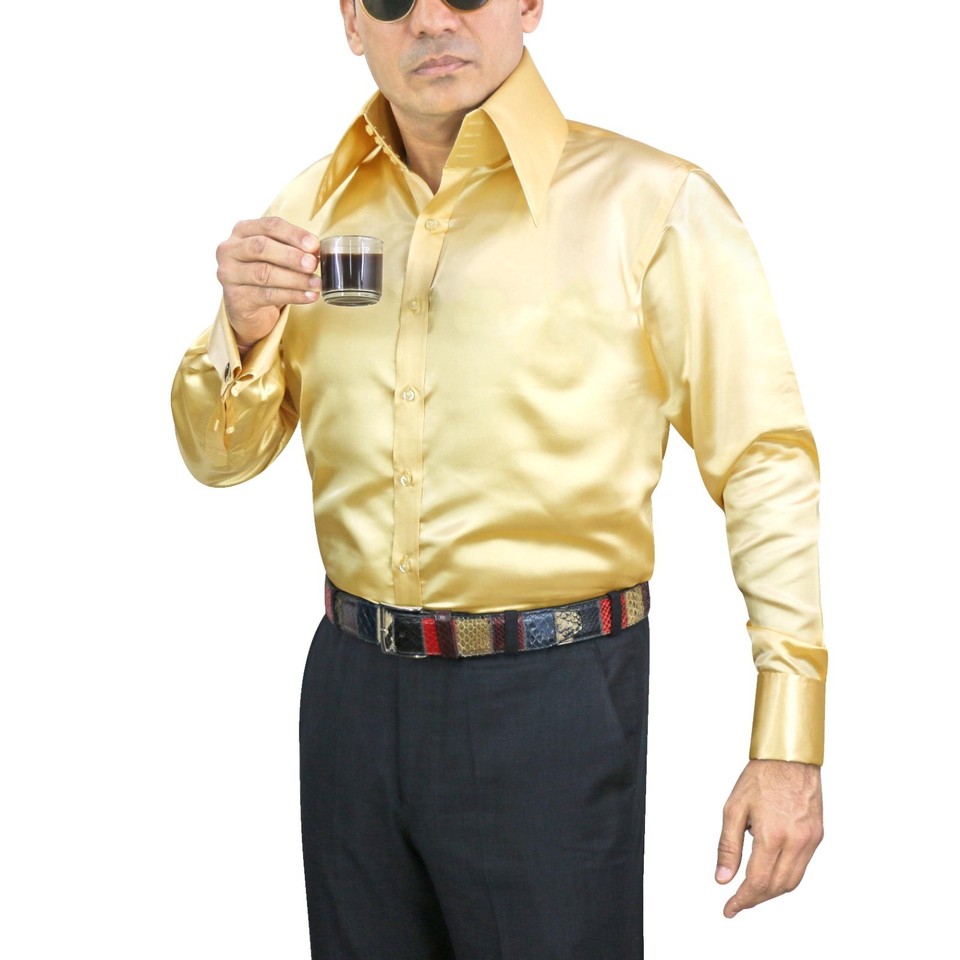 Men's Red Carpet Look Shiny Glossy Shirt Gold Satin 70s High Long ...