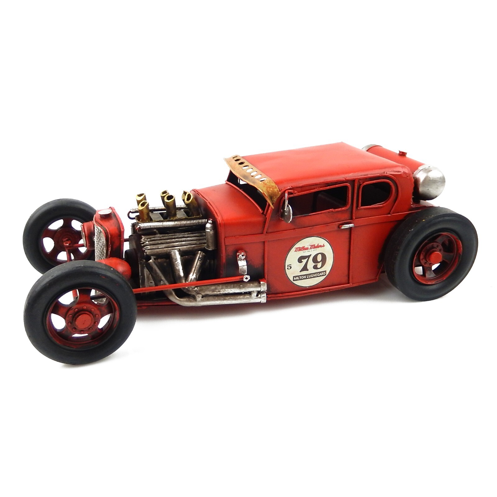 Tin Metal Red Hot Rod Racing Car Figurine Garage Office Shelf Sitter 12 ...