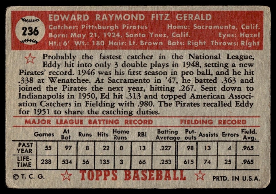 1952 Topps Ed Fitz Gerald Low Grade Pittsburgh Pirates #236 | eBay