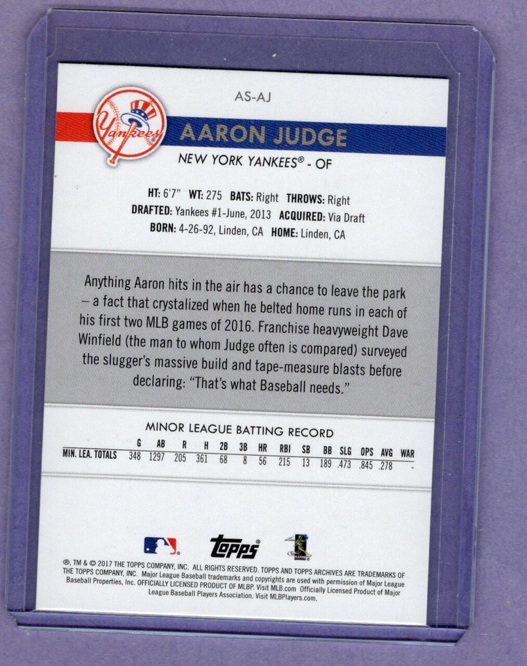 2017 TOPPS ARCHIVES SNAPSHOTS RC AS-AJ AARON JUDGE YANKEES READY TO ...