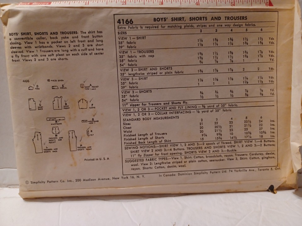 Vtg 1950s Simplicity 4166 Pattern Boys' Shirt Shorts Trousers Sz 4 ...