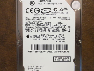 Hitachi HTS545032B9A302 RÉF :0J13963 MLC:DA3846 Apple#655-1539F 320gb ...