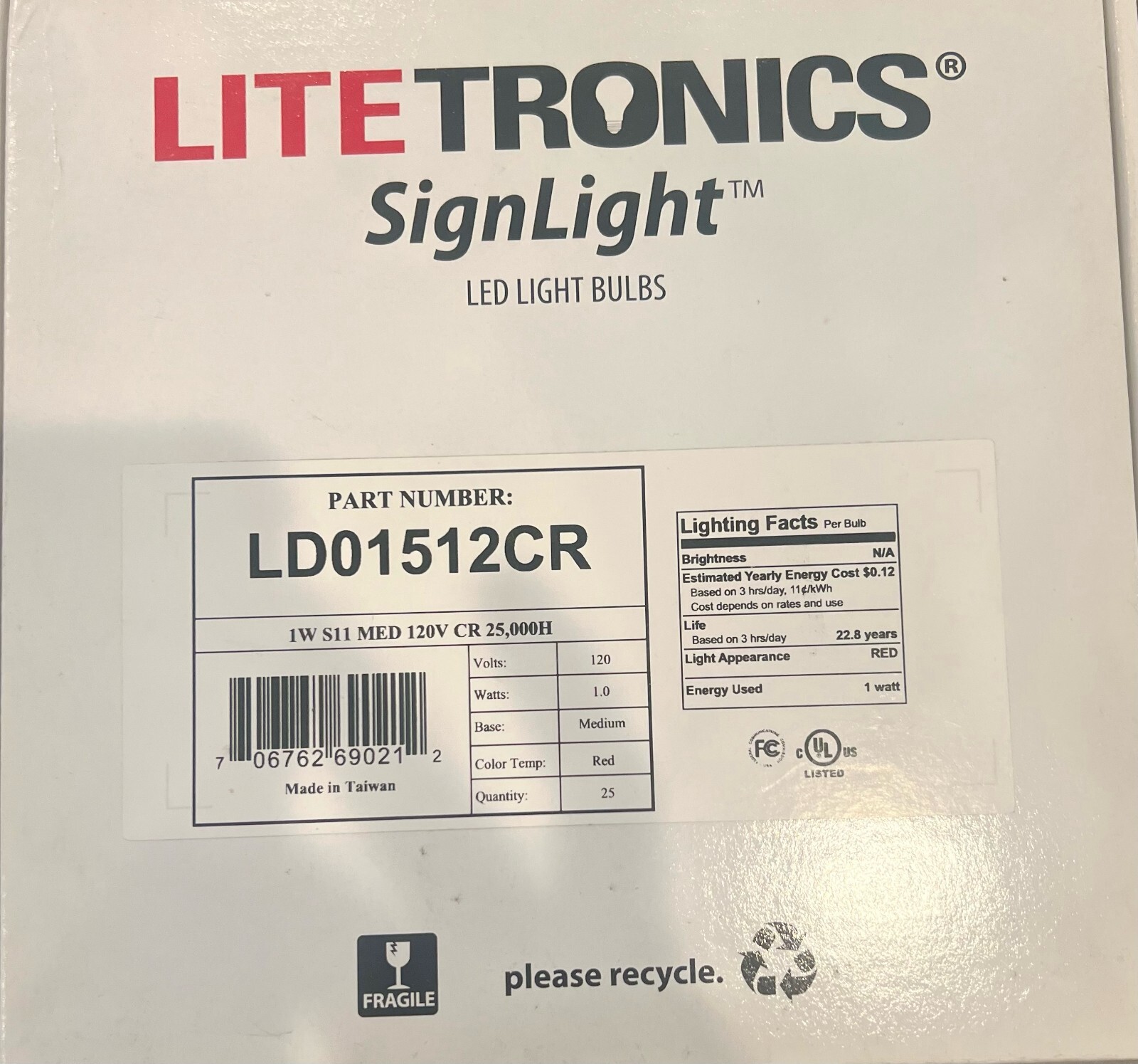 Lot of (25) LiteTronics 1W S11 LED Sign Ligh Bulb LD01512CR RED ...