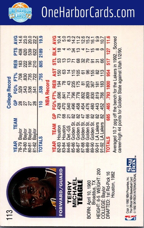 1992 Hoops Los Angeles Lakers Basketball Card #113 Terry Teagle | eBay