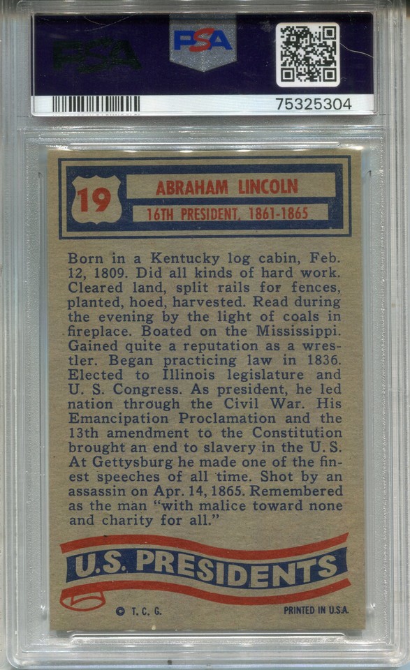 1956 Topps U.S. Presidents #19 Abraham Lincoln PSA 8 NM-MT | eBay