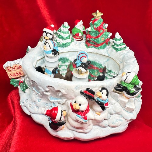 Vintage Christmas Music Box Penguins Ice Skating On Pond Rink 1996 ...