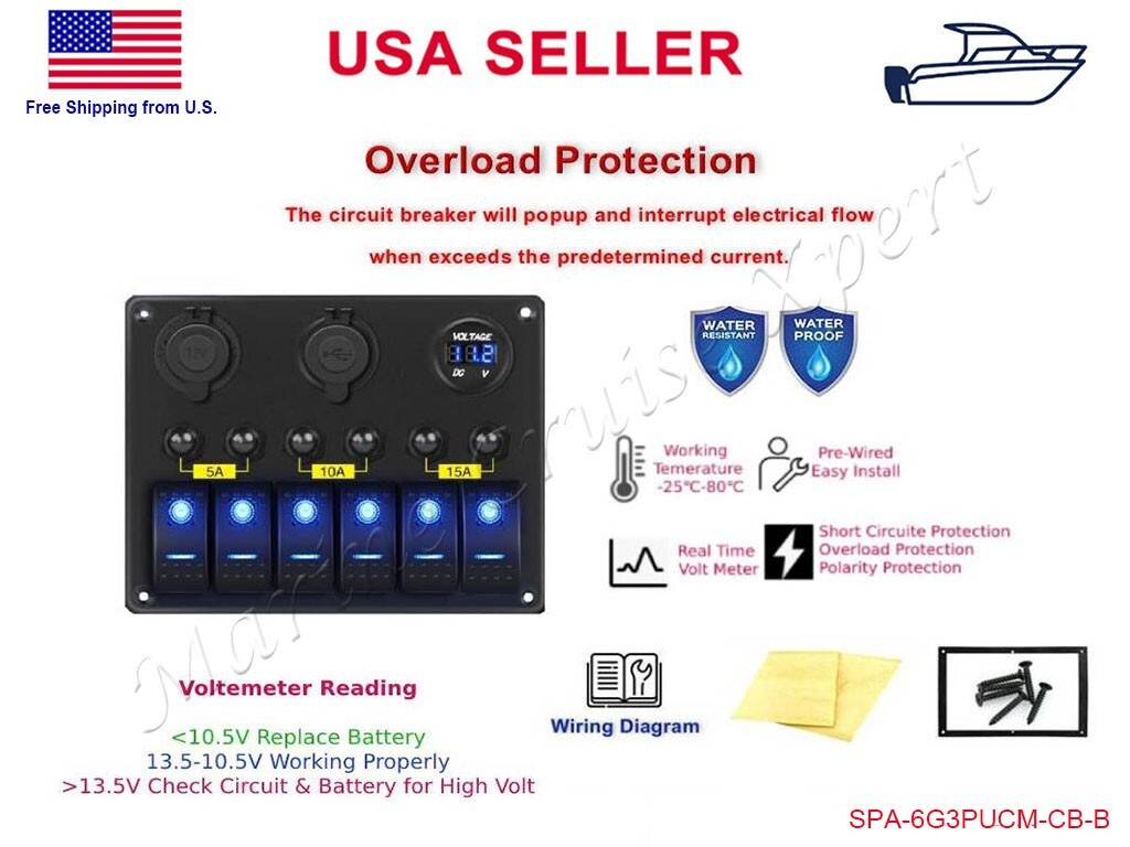 6 Gang Circuit Breaker Toggle Rocker Switch Panel Boat Marine RV Truck ...