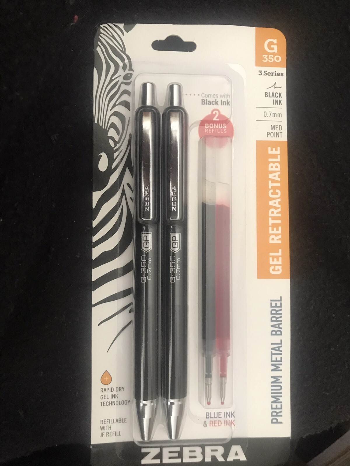 (2) Zebra G350 Gel Retractable Med Point Metal Barrel Ink Pen Black ...