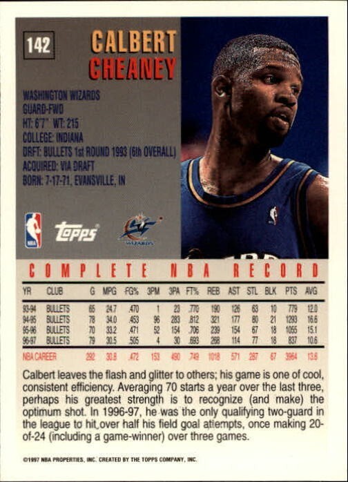 1997-98 Topps Washington Wizards Basketball Card #142 Calbert Cheaney ...