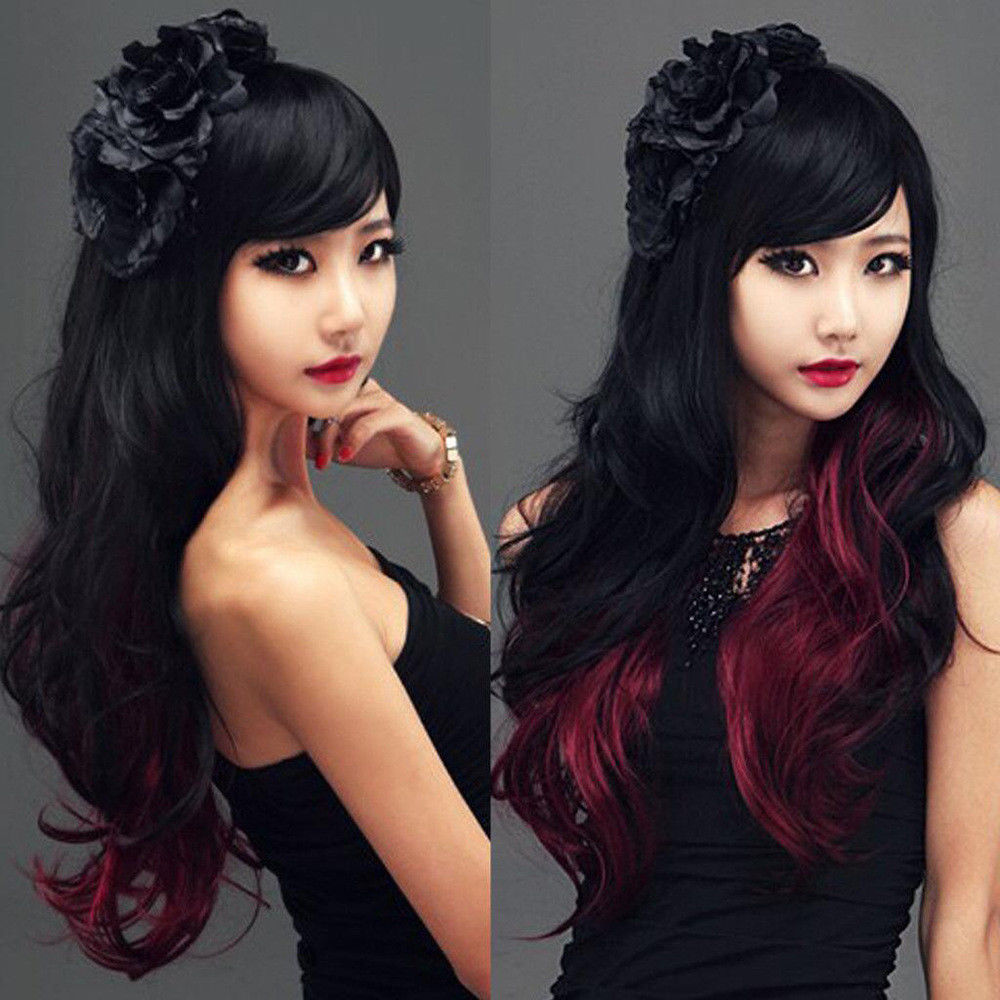 New Fashion Black Mix Red Long Wavy Women Lady Girl Hair Wig Full Wigs ...