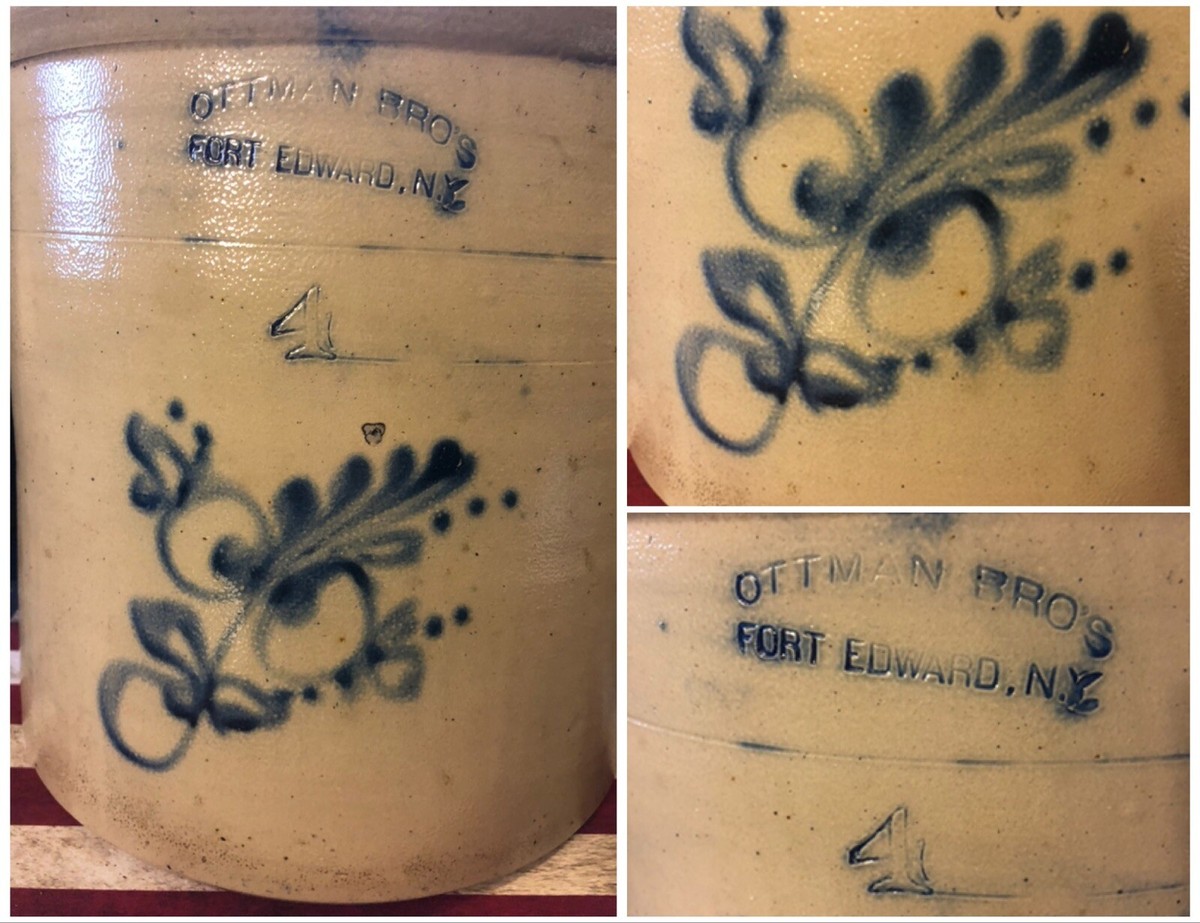 Ottman Bros Ft Edward NY 19th C Antique One Gallon Crock Ear Handles ...