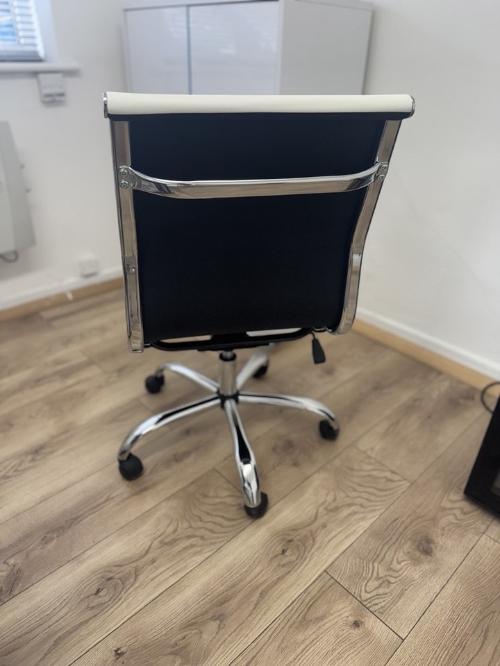White Chrome Desk Office operators Chair with Wheels PU Leather no arms ...