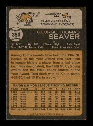 1973 Topps #350 Tom Seaver EXMT X2697127 | eBay