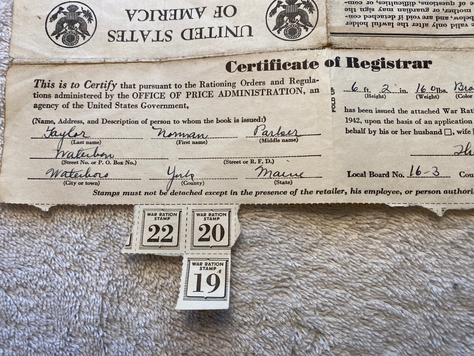 World War 2 Ration Book/Stamps #1 W/ 3 Unused Ration 1942 Waterboro ...