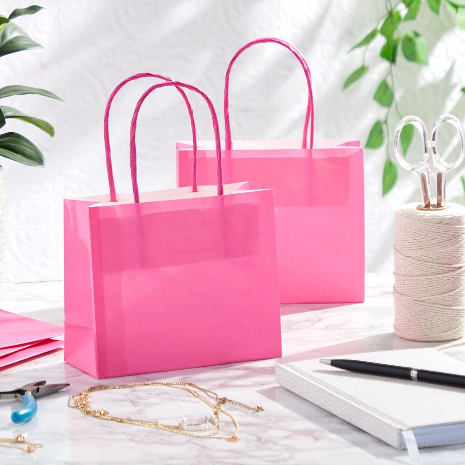 50 Pack Mini Pink Gift Bags with Handles, Bulk Kraft Party Favor Bags ...