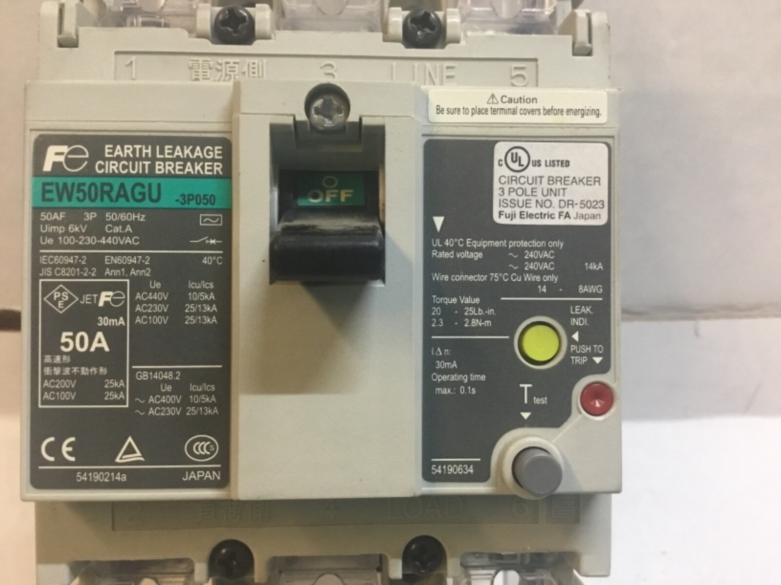 Fuji Electric EW50RAGU-3P050 50A Earth Leakage Circuit Breaker w/Rotary ...
