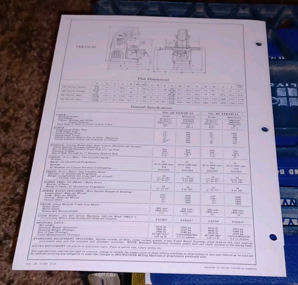 KEARNEY TRECKER MILWAUKEE 3h 4h Plain Milling Machines CATALOG FLYER ...