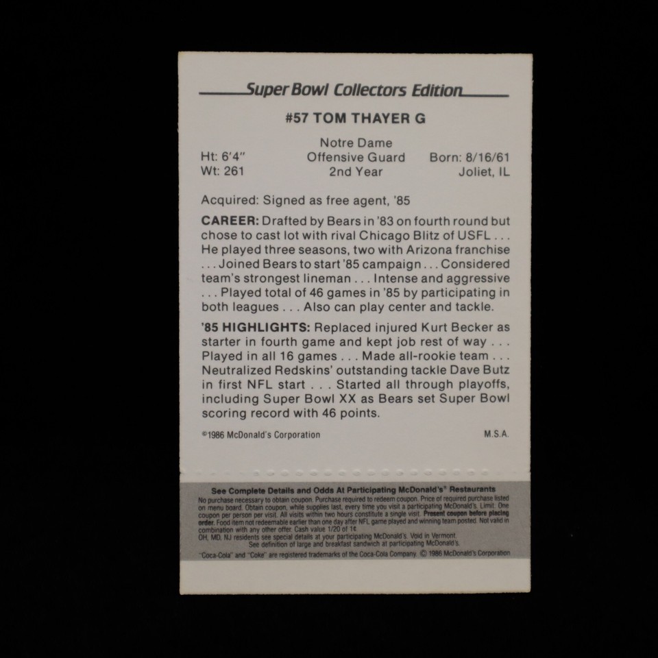 1986 Tom Thayer Chicago Bears McDonald's BLACK Game Card #57 | eBay