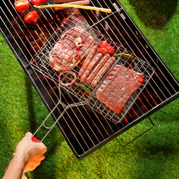 Fish Grill Rack BBQ Long Handle Grill Rack Meat Burger Fish Folding ...