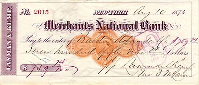MERCHANTS NATIONAL BANK AT NY,1874,RN-D REVENUE STAMPED PAPER,CHECK | eBay