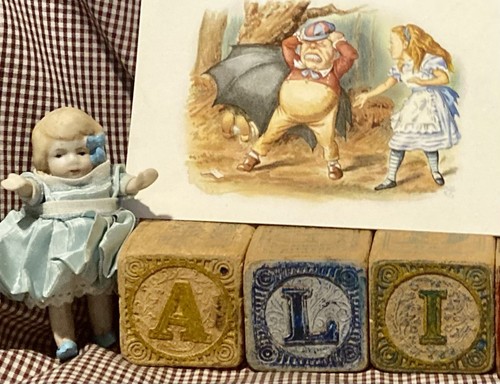 Antique Embossed ALICE Blocks w Miniature Bisque Doll & Wonderland ...