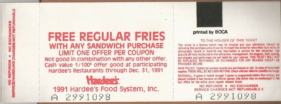 David Haas Win #1 October 4, 1991 Tigers @ Orioles Full Ticket D Evans ...