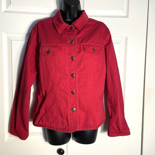 Talbots Trucker Jacket Women Medium Red Jean Denim 100% Cotton Pockets ...