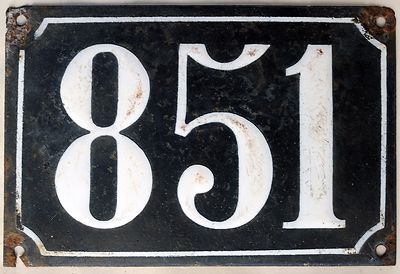 Large old black French house number 851 door gate plate plaque enamel ...