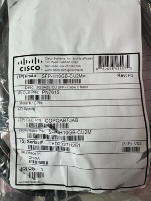 CISCO GENUINE SFP-H10GB-CU2M= 10GBASE-CU SFP+ CABLE 2 METER COPQABTJAB ...