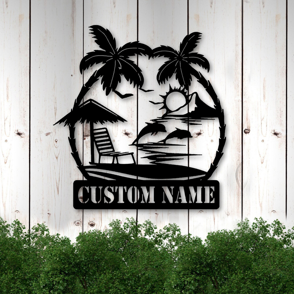 Personalized Beach Metal Signs, Dolphin n Palm Tree Sign Poolside Wall ...