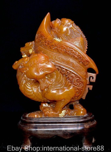 7.2" Old Chinese Red Shoushan Stone Carving Palace Phoenix Dragon Beast ...