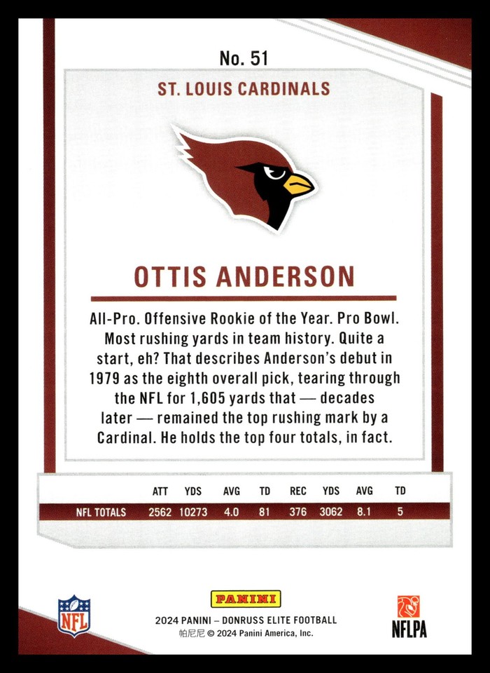 2024 Donruss Elite #51 Ottis Anderson St. Louis Cardinals Football Card ...