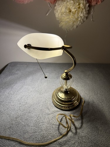 Vintage Bankers Desk Table Lamp Lawyer Detective Brass Glass White | eBay