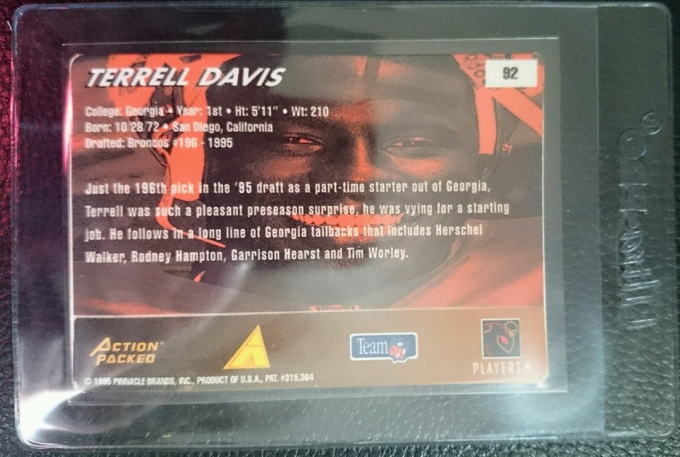 1995 ACTION PACKED #92 TERRELL DAVIS ROOKIE CARD RC DENVER BRONCOS HOF ...