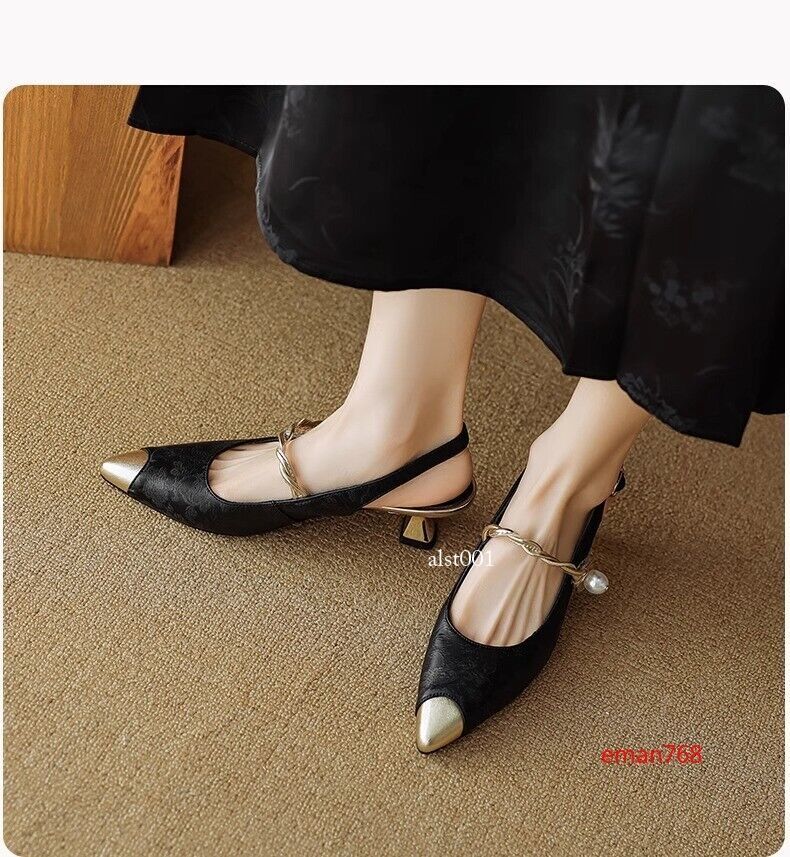 Women Chinese Style Pointed Toe Sandals Summer Kitten Heel Slingback ...