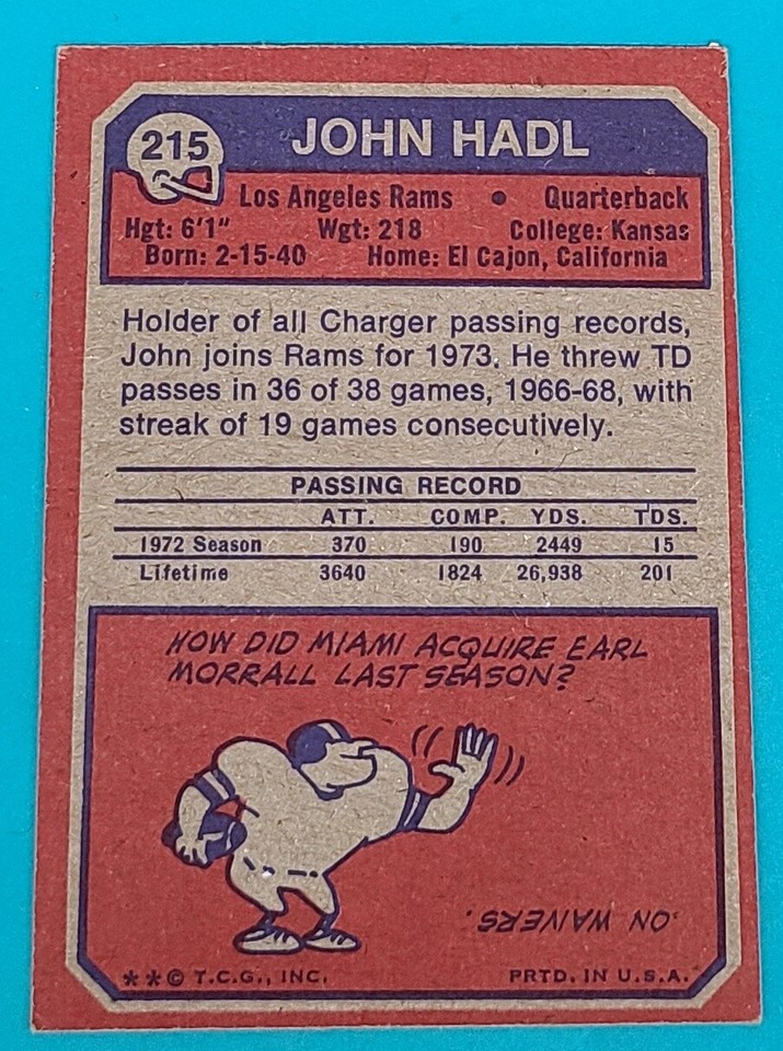 1973 Topps #215 John Hadl Los Angeles Rams FOOTBALL Card P6 | eBay