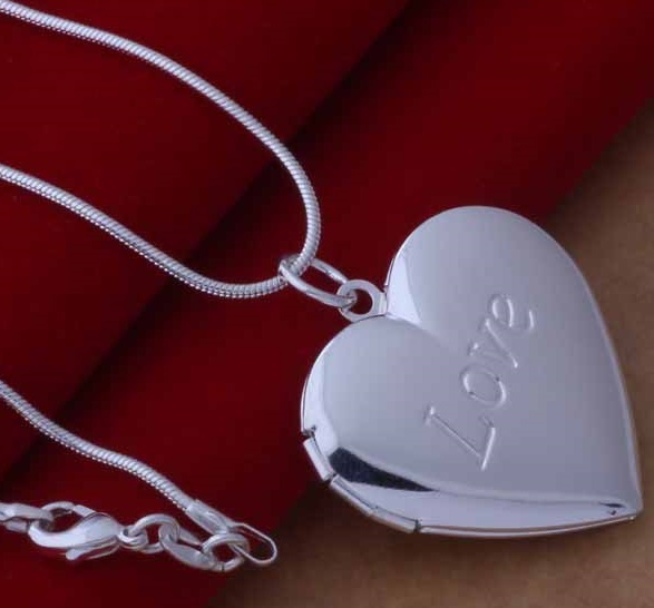 Sterling Silver Heart Locket Pendant Necklace Photo Love Snake Chain ...