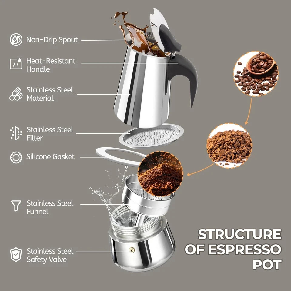 12 Cup 600ml Moka Pot Stainless Steel Espresso Coffee Maker Stovetop ...