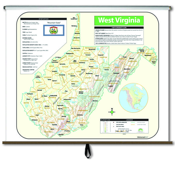 West Virginia Large Scale Shaded Relief Wall Map on Roller | eBay