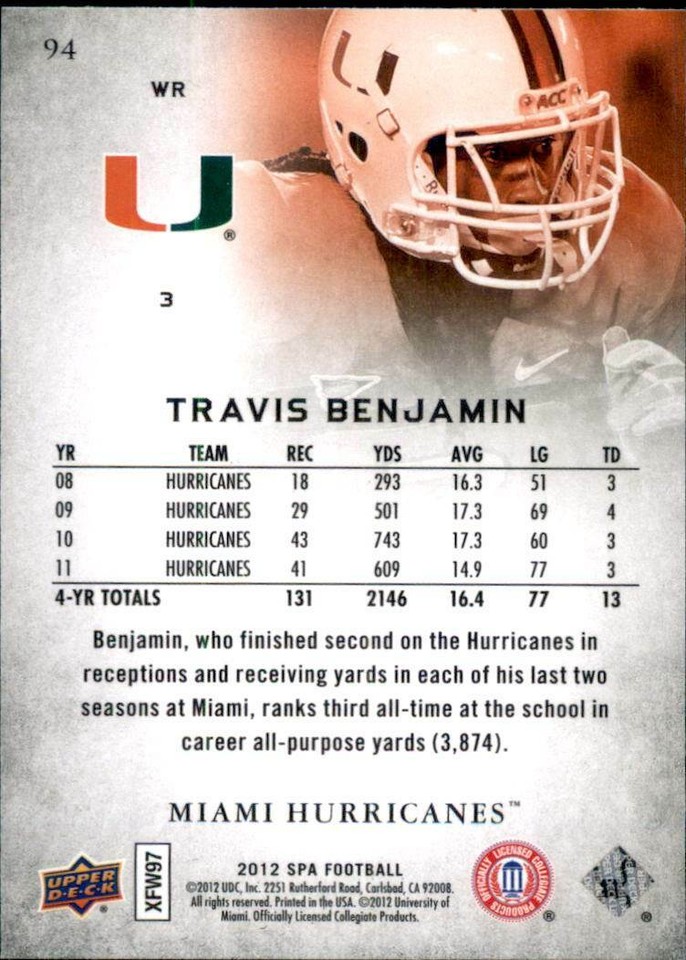 2012 SP Authentic Rookie #94 Travis Benjamin Miami Hurricanes | eBay