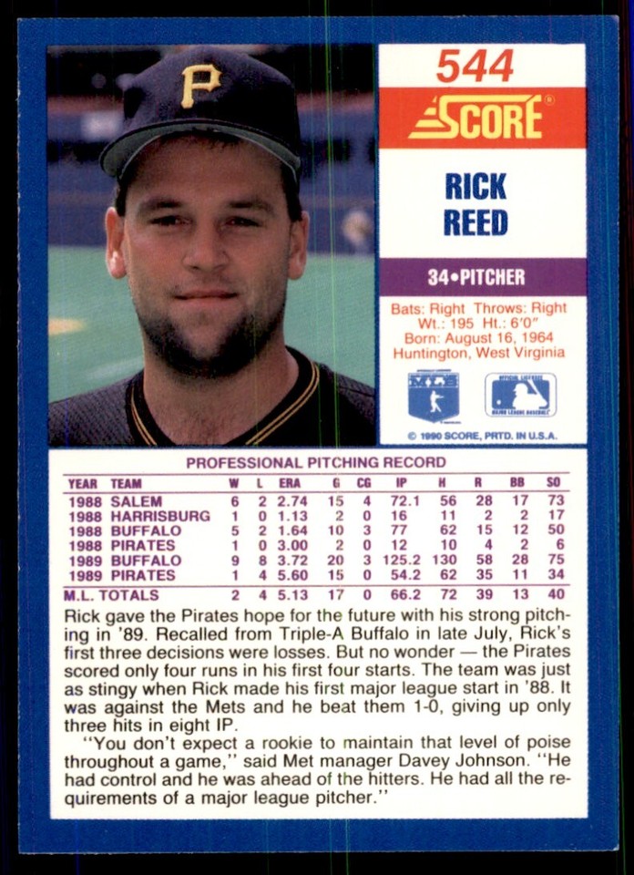 1990 Score Rick Reed Baseball Cards #544 | eBay