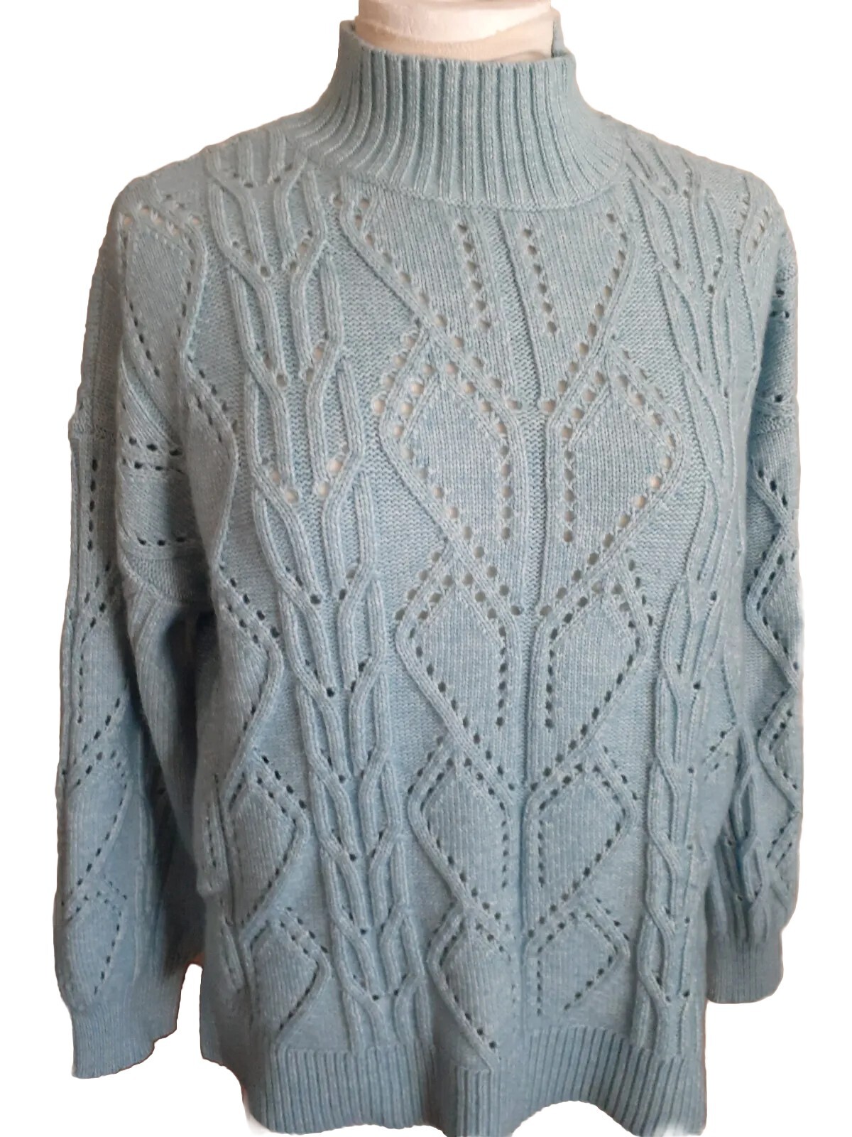 Loft Aqua Blue Cable Pointelle Diamond Sweater Fisherman Mock ...