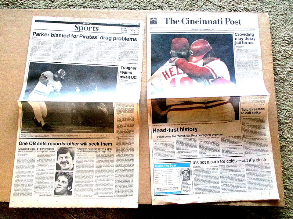 9/12/85 PETE ROSE BREAKS THE HIT RECORD THE CINCINNATI POST FULL ...