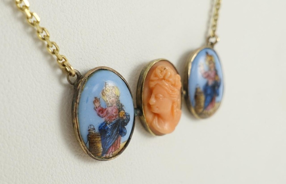 14K yellow gold 20" chain necklace w/ angel skin coral cameo +porcelain ...