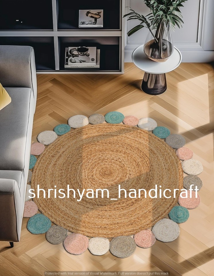 Rug Jute Round Natural 100% Jute Handmade Rug Reversible Braided Rustic ...
