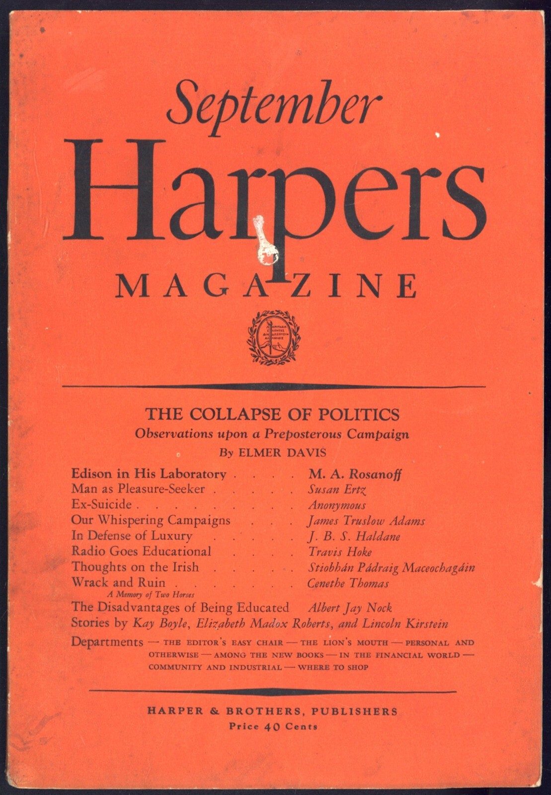 HARPERS MAGAZINE: SEPTEMBER 1932 [Hoover/Roosevelt Campaign/Edison ...