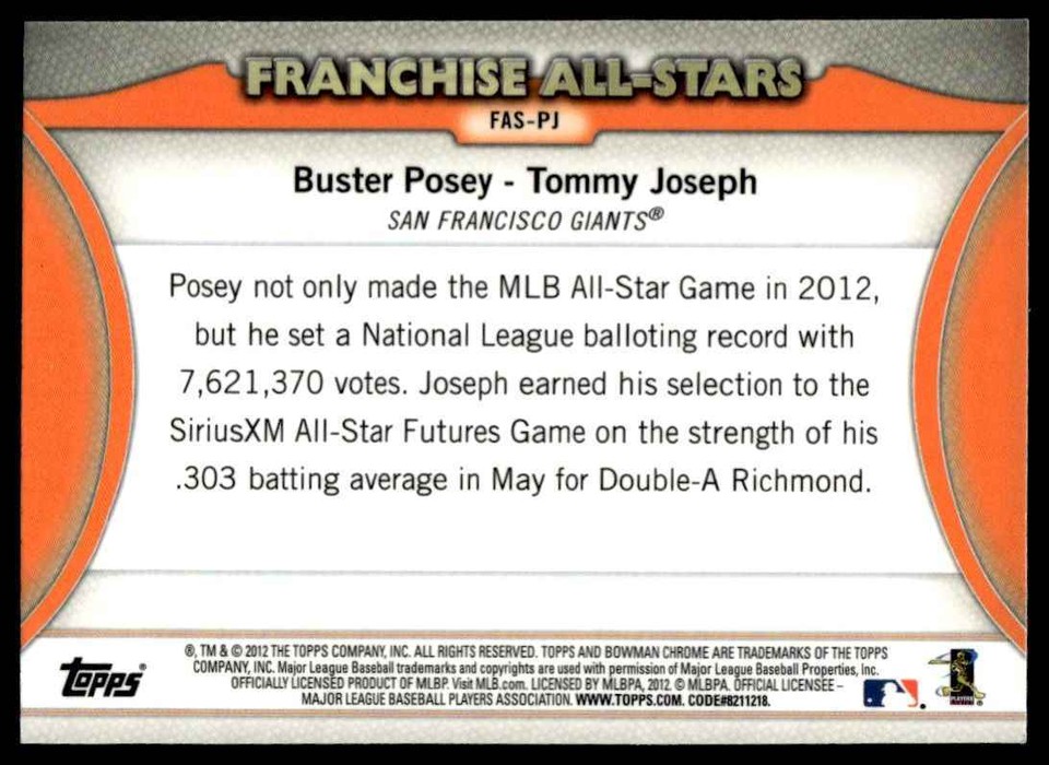 2012 Bowman Chrome Franchise All-Stars Tommy Joseph/Buster Posey San ...