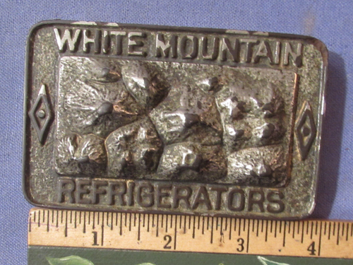 ANTIQUE WHITE MOUNTAIN REFRIGERATORS NASHUA NH METAL PAPERWEIGHT / NAME ...