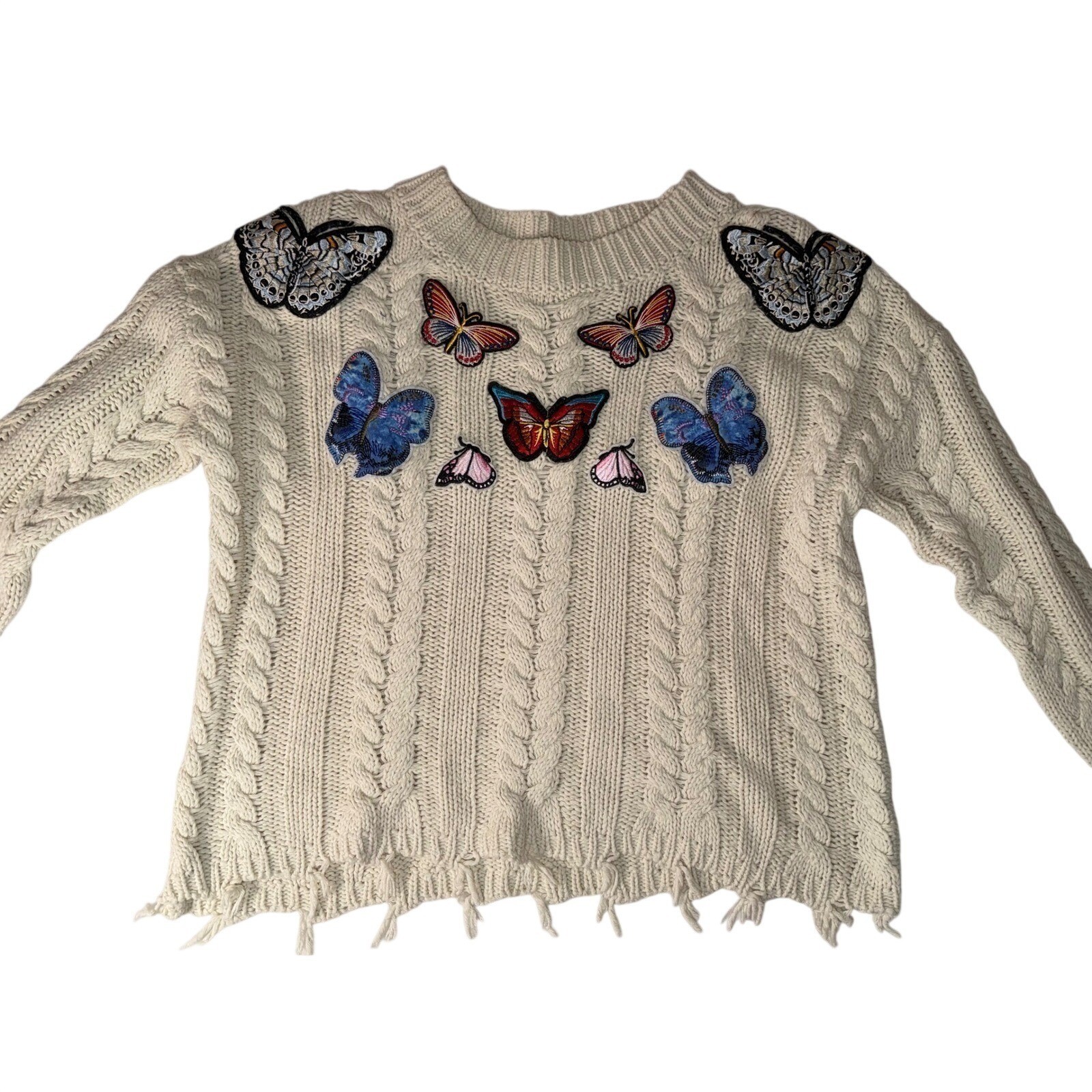 Sunset + Spring Butterfly Embroidered Cable Knit Distressed Sweater ...